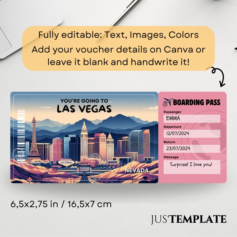 Las Vegas Boarding Pass, Trip Surprise, Plane Ticket Template, Airplane ...