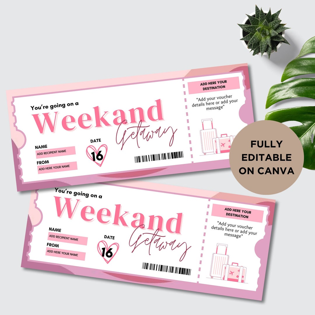 Weekend Getaway Ticket Template, Editable Travel Voucher, Romantic ...