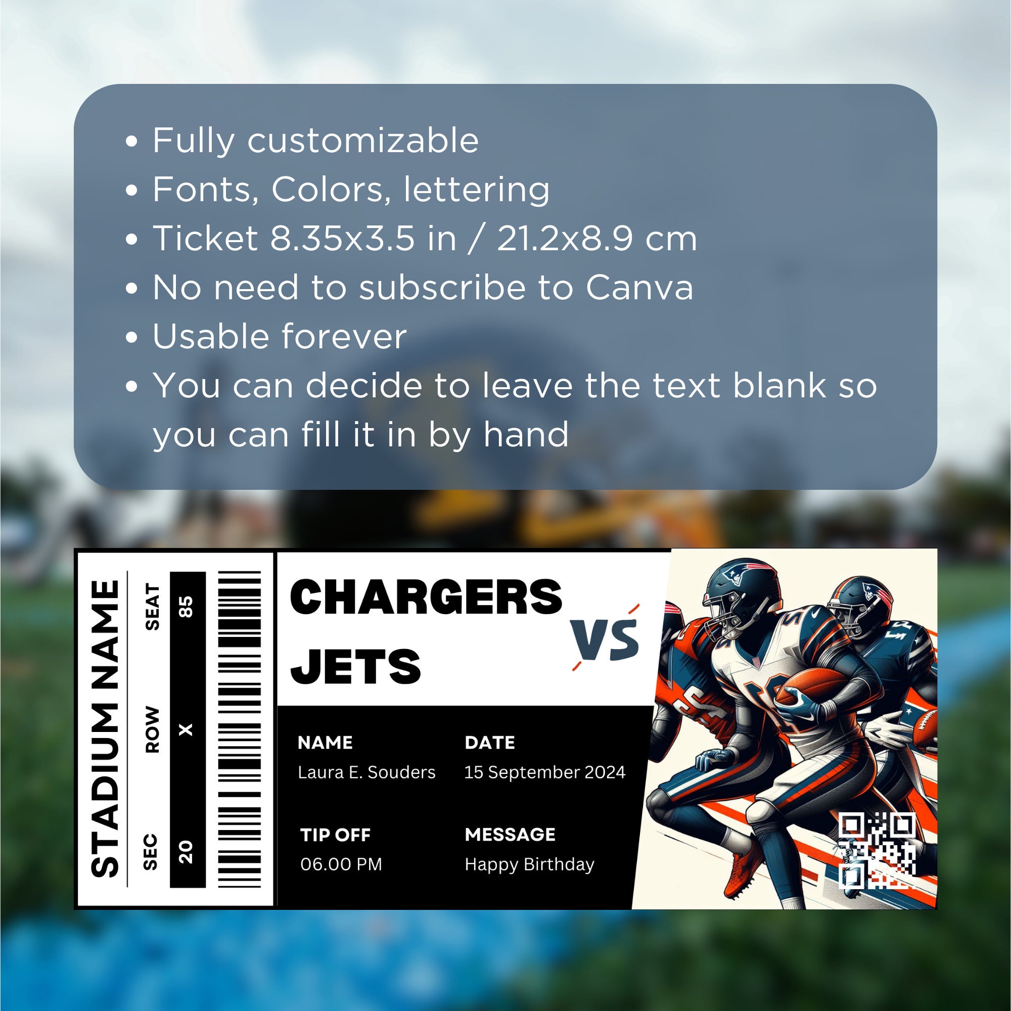 Football Ticket Template, Event Ticket, Football Game Ticket, Sports ...