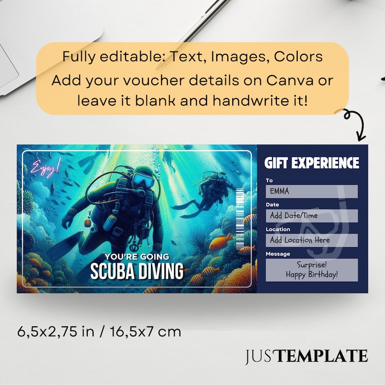 Scuba Diving Ticket Template, Water Sport Voucher, Printable Deep Sea ...