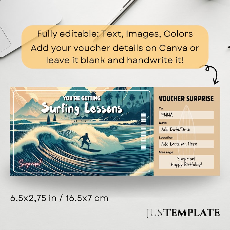 Surfing Ticket, Surfing Lesson Voucher Template, Printable Surfing ...