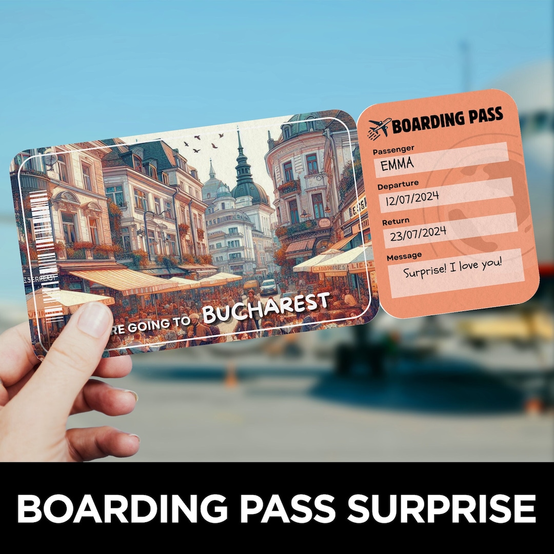 Bucharest Boarding Pass, Trip Surprise, Plane Ticket Template, Boarding ...