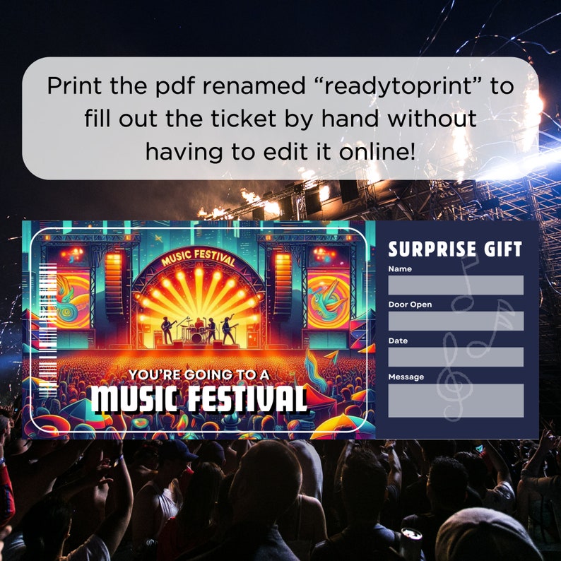 Music Festival Ticket Template, Printable Concert Ticket, Surprise ...