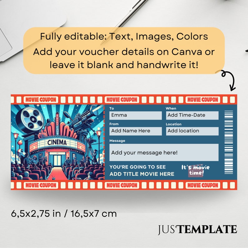 Movie Ticket Template, Printable Movie Coupon, Cinema Tickets, Movie ...