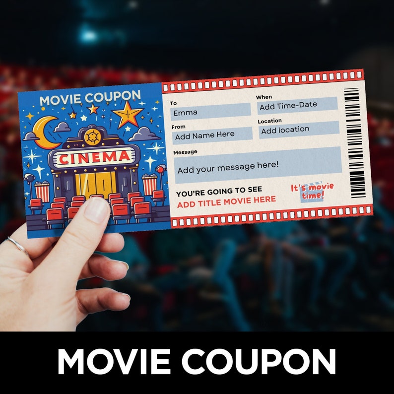 Movie Ticket Template, Printable Movie Coupon, Cinema Tickets, Movie ...