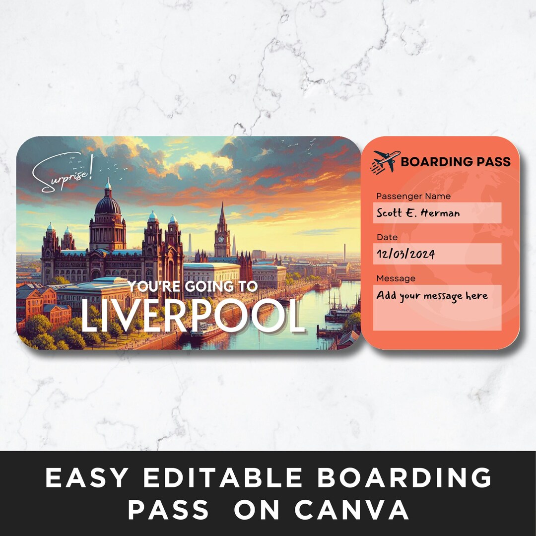 Liverpool Boarding Pass, Plane Ticket Template, Flight Boarding Pass, Airline Ticket, Printable ...