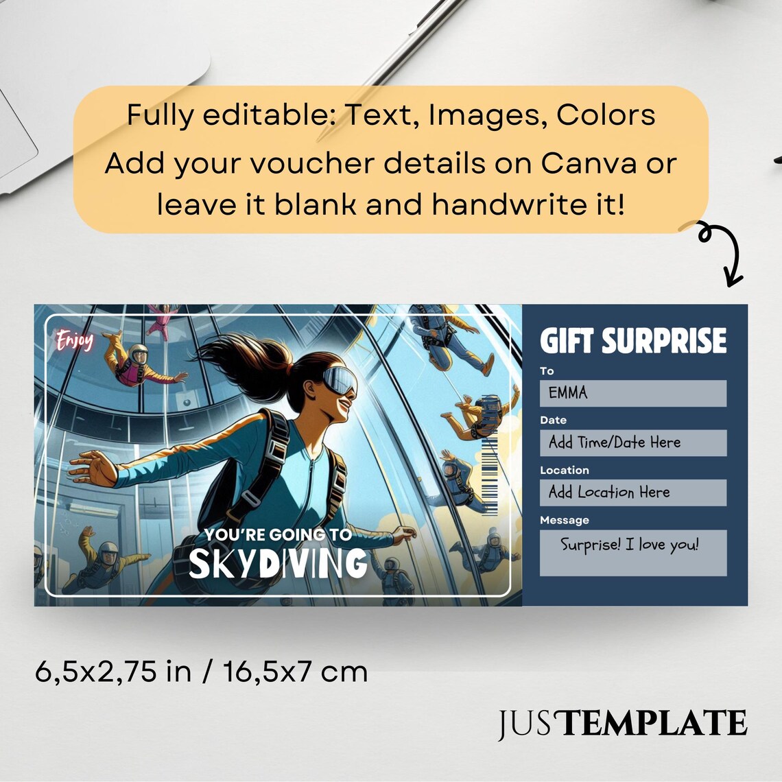 Indoor Skydiving Ticket, Parachute Jump Coupon, Printable Indoor ...