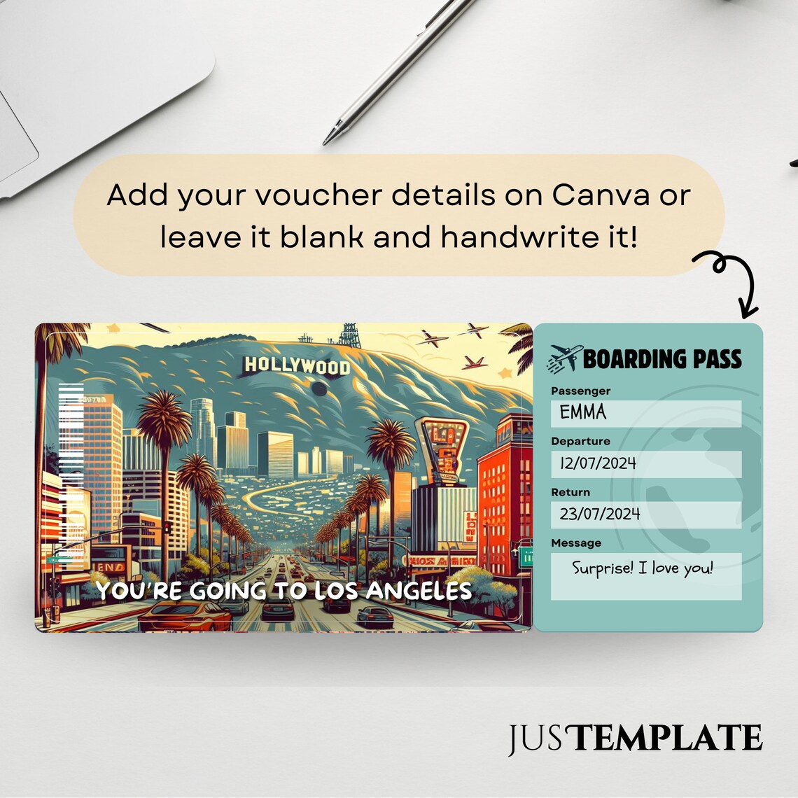 Los Angeles Boarding Pass, Trip Surprise, Plane Ticket Template ...