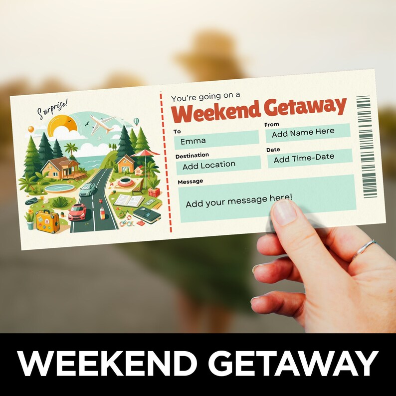 Weekend Getaway Ticket Template, Romantic Getaway, Travel Voucher, Road ...