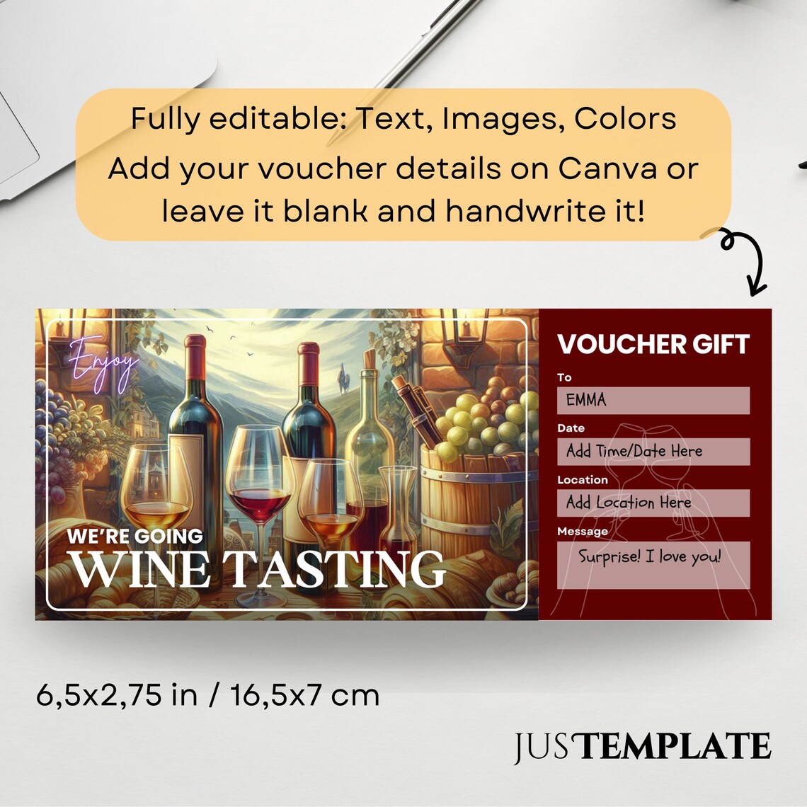 Wine Tasting Voucher Template, Present for Wine Lover, Experience Gift ...