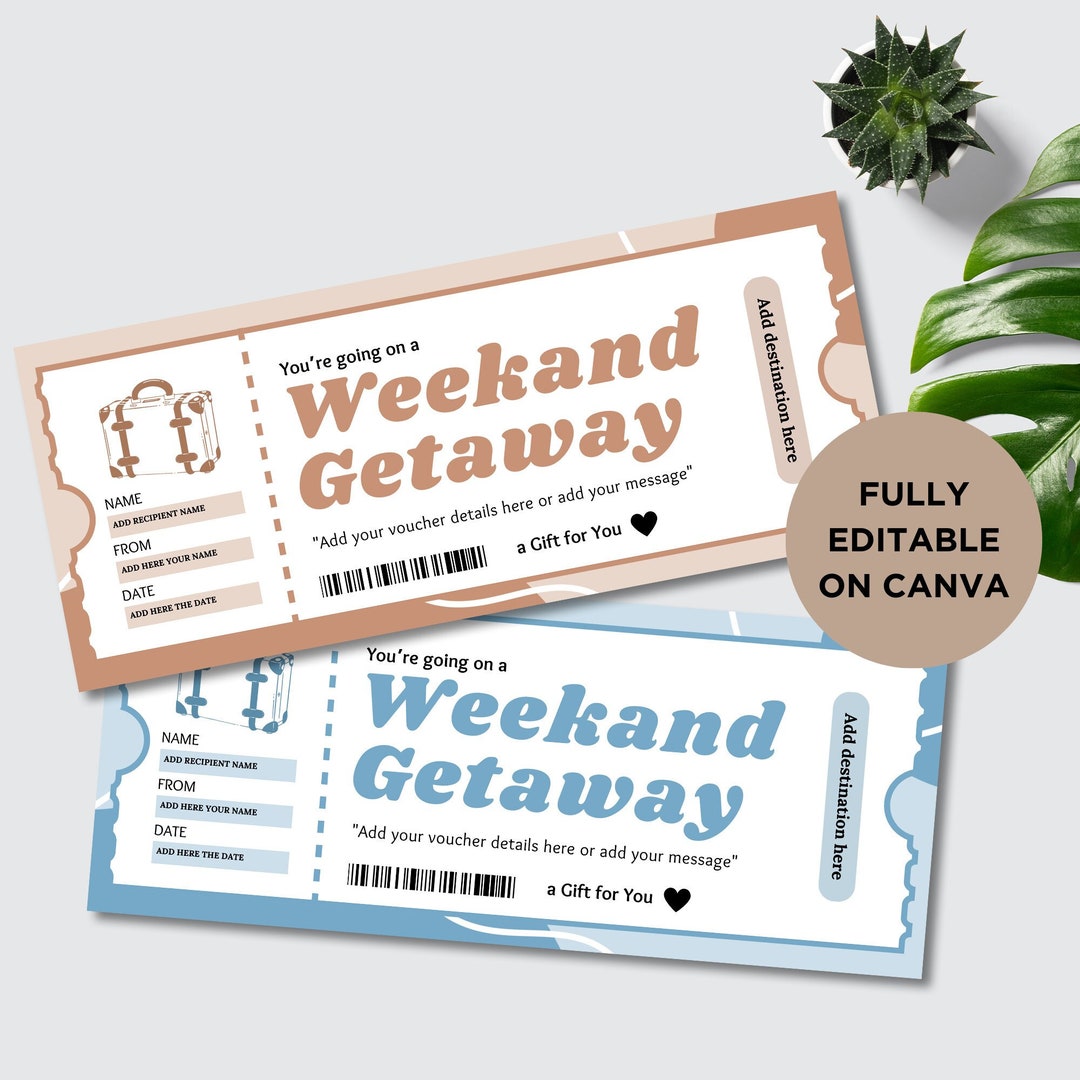 Weekend Getaway Ticket Template, Editable Travel Voucher, Romantic ...