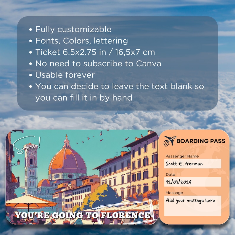 Florence Plane Ticket Template, Boarding Pass Ticket Template, Flight ...