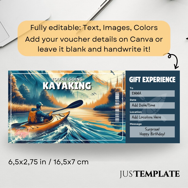 Kayaking Ticket Template, Kayak Adventure Voucher, Printable Kayak ...