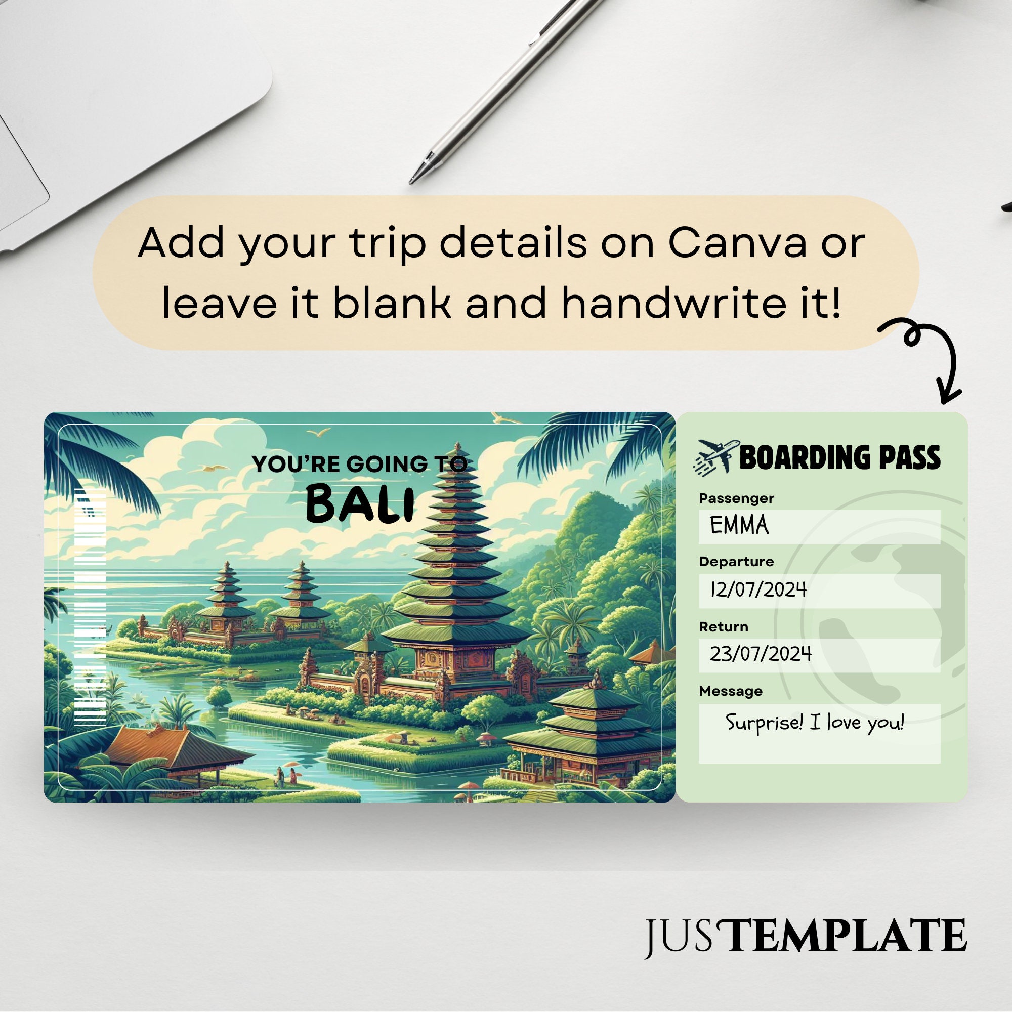 Bali Boarding Pass, Trip Surprise, Plane Ticket Template, Boarding Pass ...