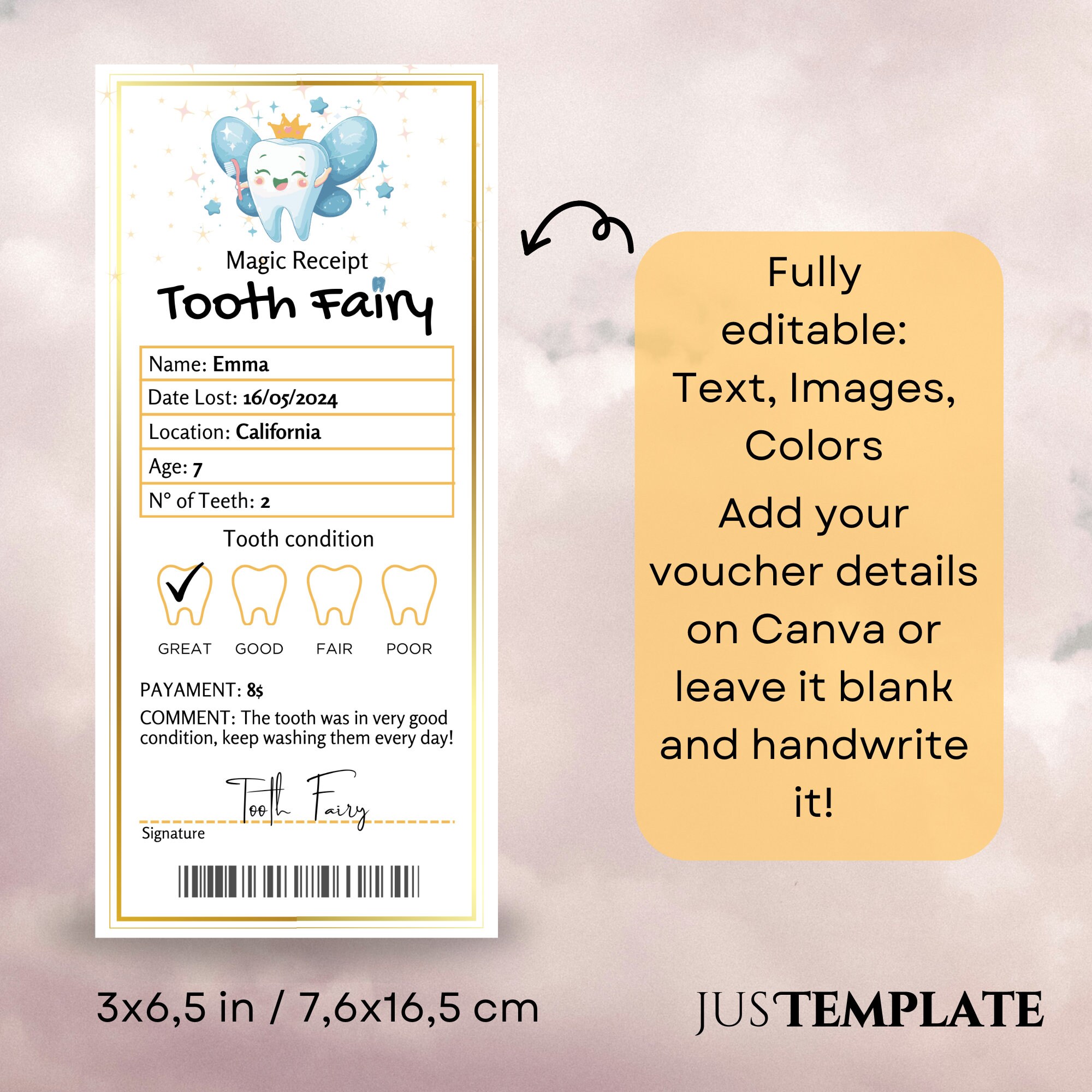 Editable Tooth Fairy Receipt Printable Certificate, First Tooth Lost ...