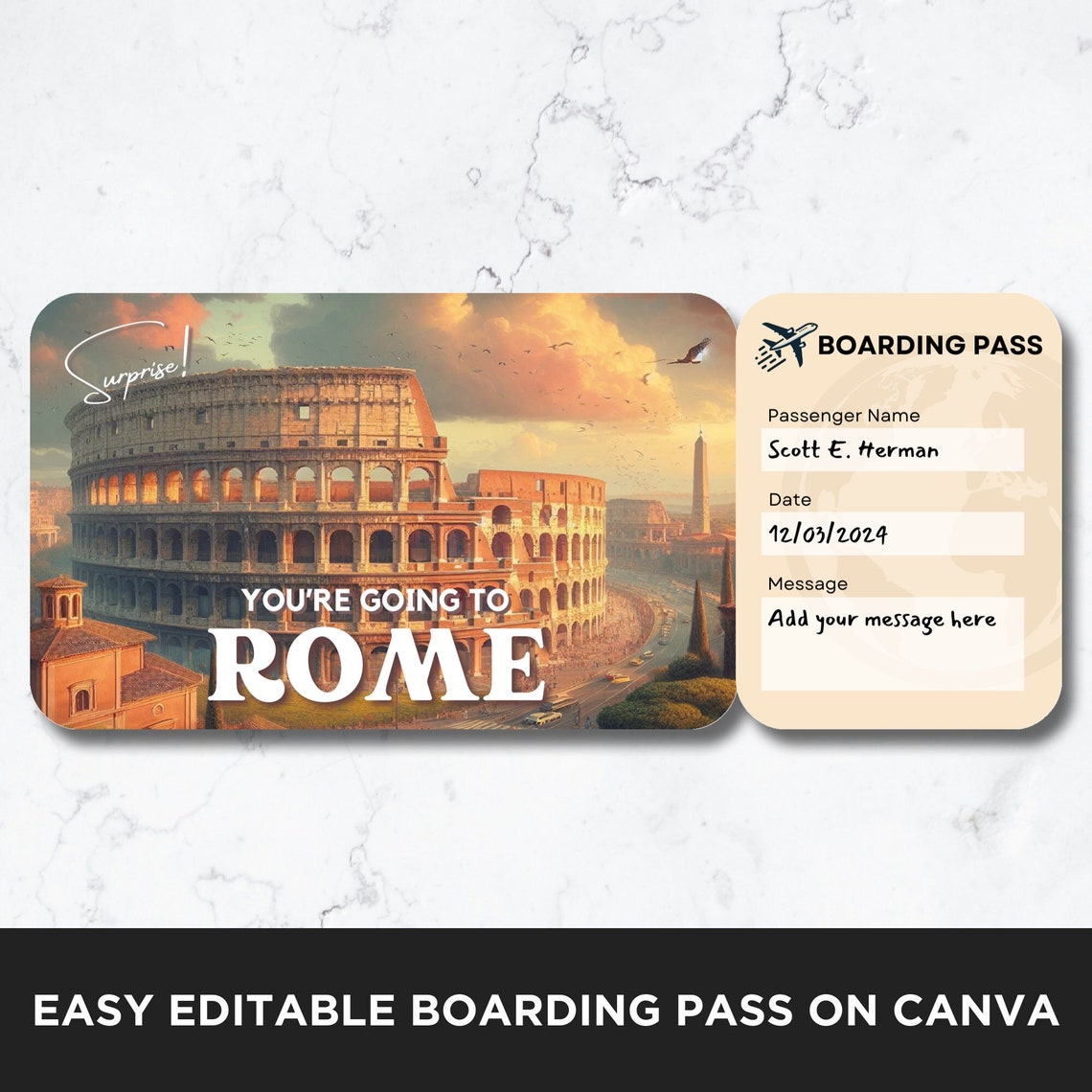 Rome Plane Ticket Template, Boarding Pass Ticket Template, Flight ...