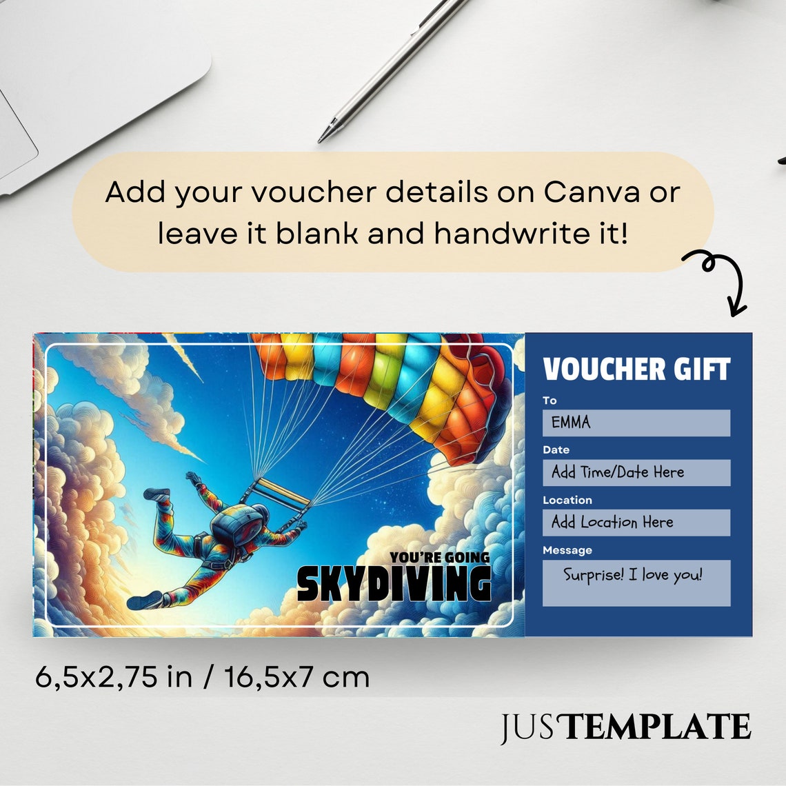 Skydiving Ticket, Parachute Jump Coupon Template, Printable Skydiving ...