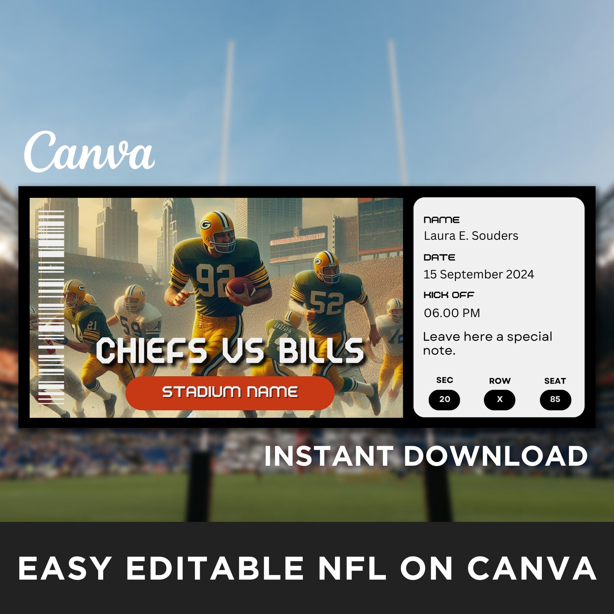 Nfl Ticket Template, Event Ticket, Football Game Ticket, Sports Event ...