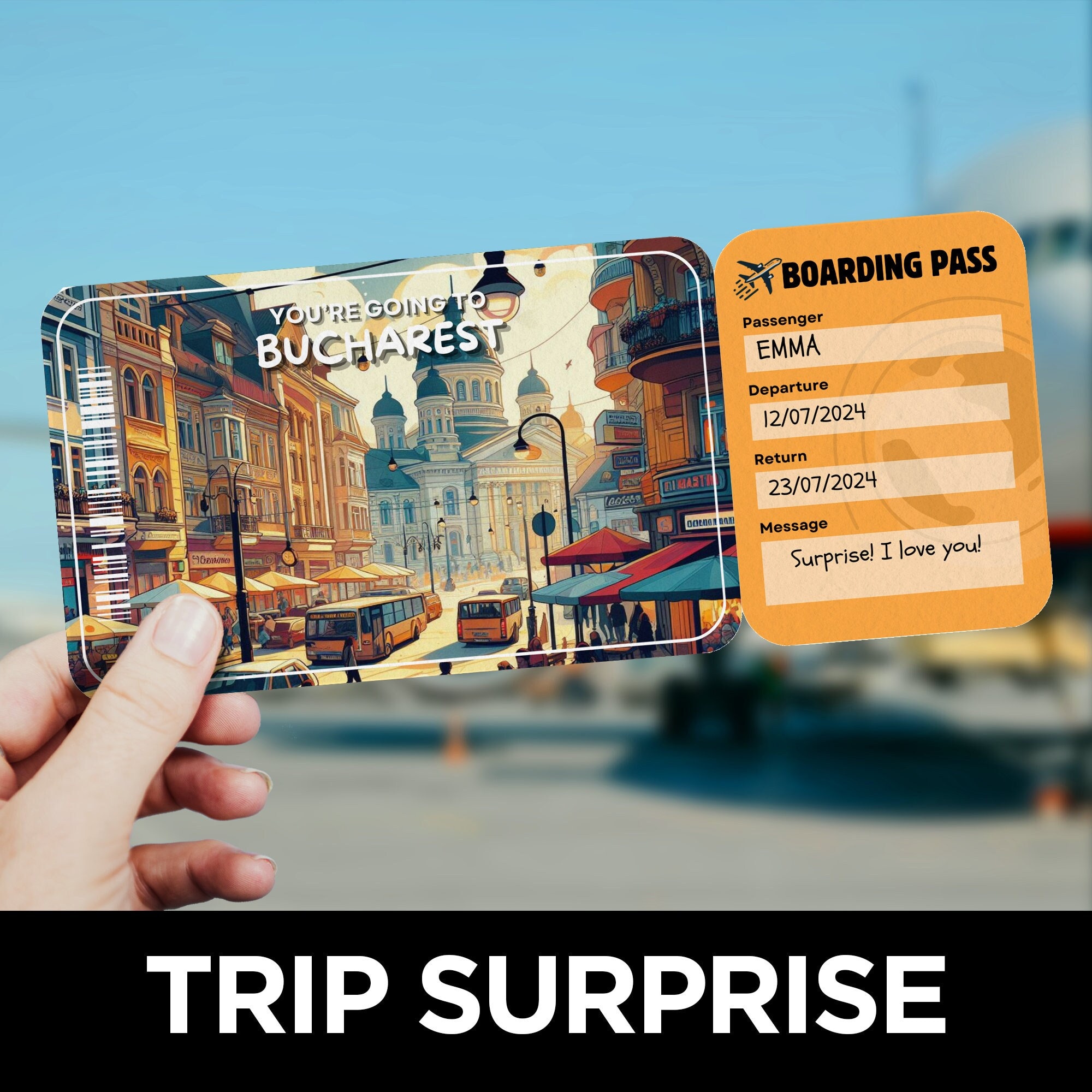 Bucharest Boarding Pass, Trip Surprise, Plane Ticket Template, Boarding ...