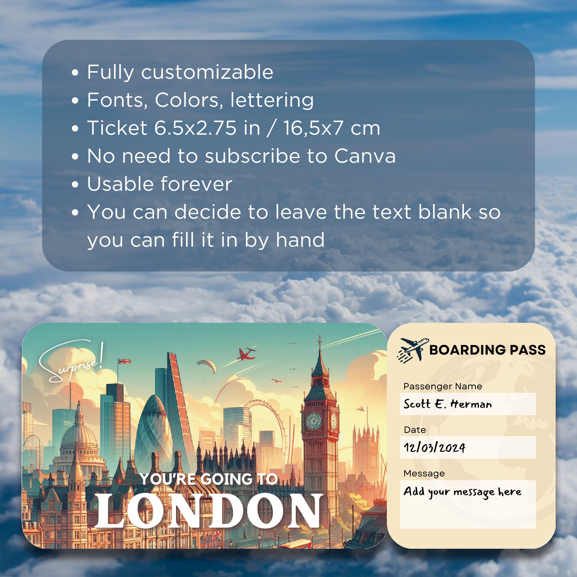 London Plane Ticket Template, Boarding Pass Ticket Template, Flight ...
