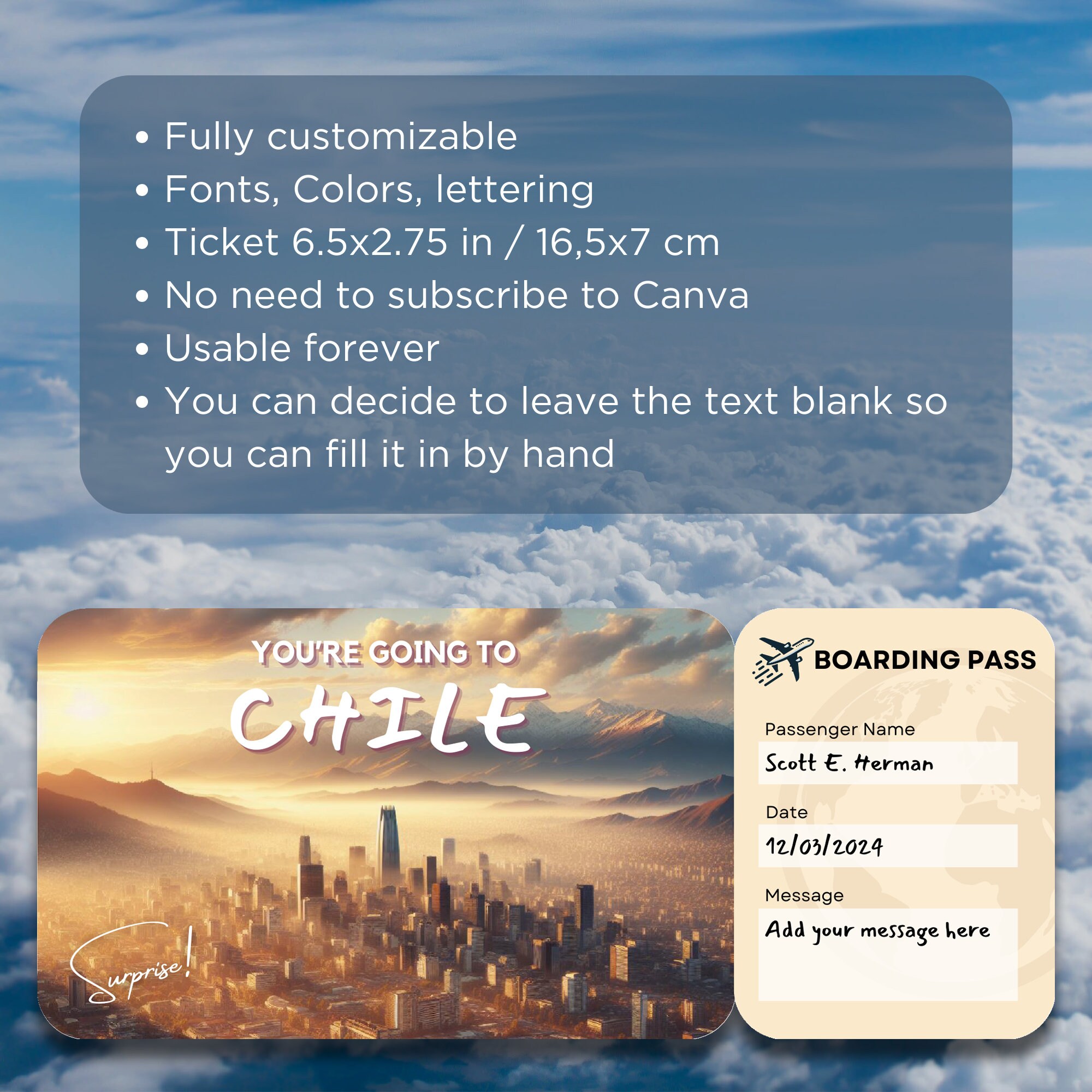 Chile Plane Ticket Template, Boarding Pass Ticket Template, Flight ...