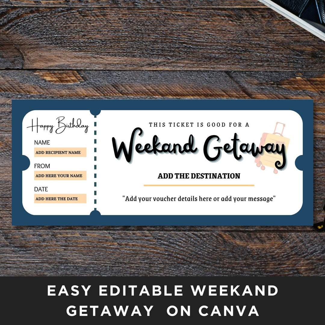 Weekend Getaway Ticket Template, Editable Travel Voucher, Hotel ...
