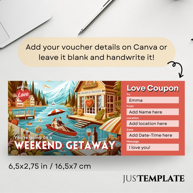 Weekend Getaway Ticket Template, Romantic Getaway, Travel Voucher, Road ...