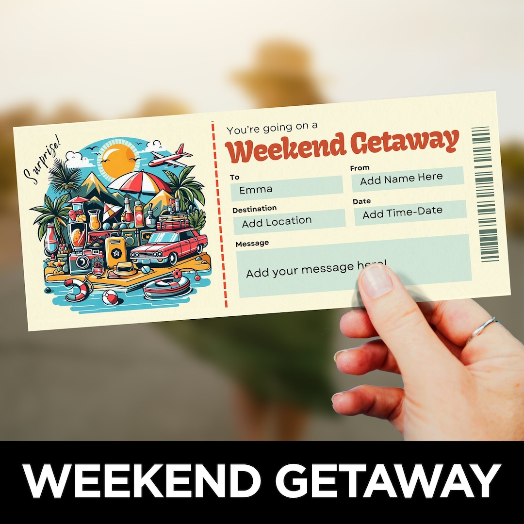 Weekend Getaway Ticket Template, Romantic Getaway, Travel Voucher, Road ...