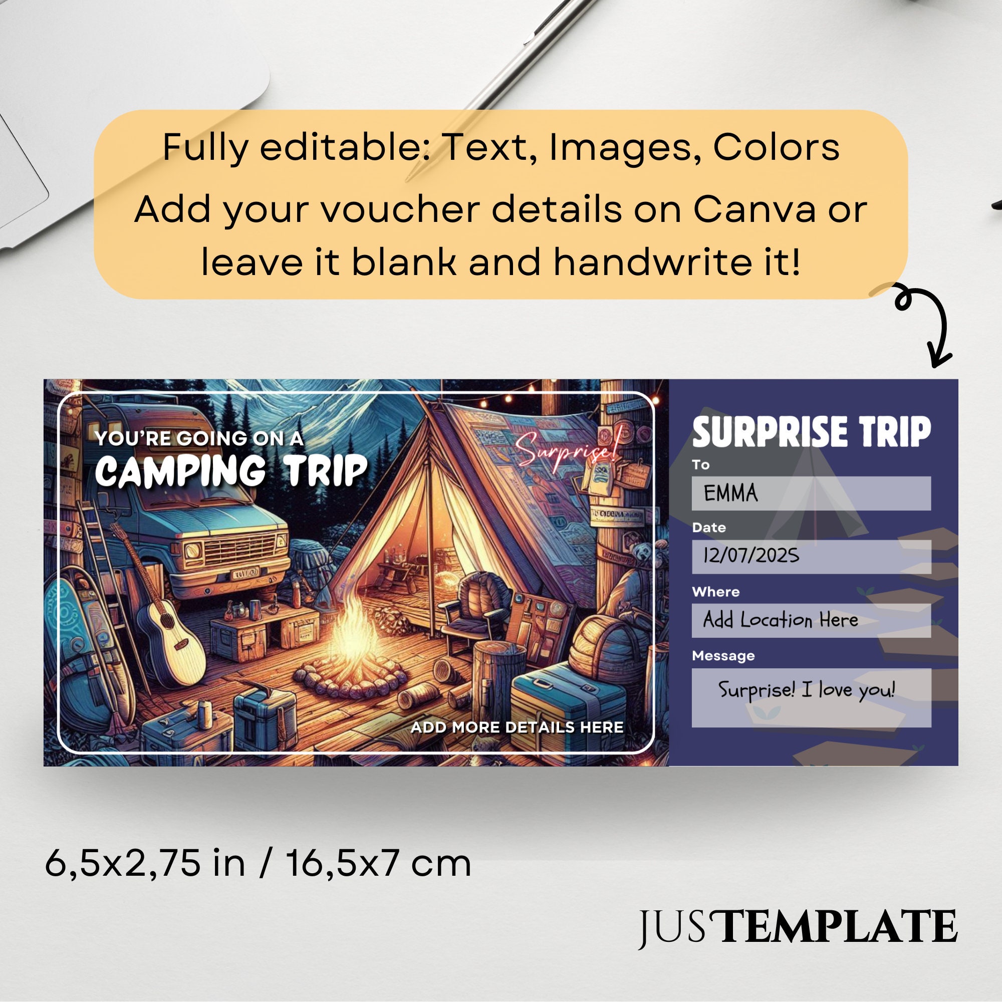 Camping Trip Ticket Template, Summer Camp Voucher, Experience Gifts ...