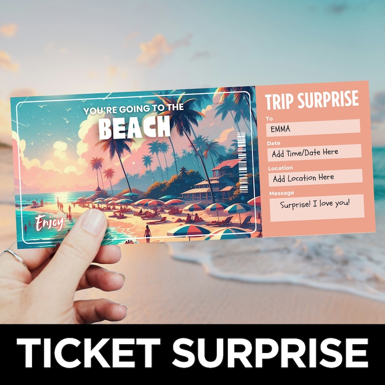 Surprise Beach Ticket, Summer Vacation Voucher Template, Beach Trip ...