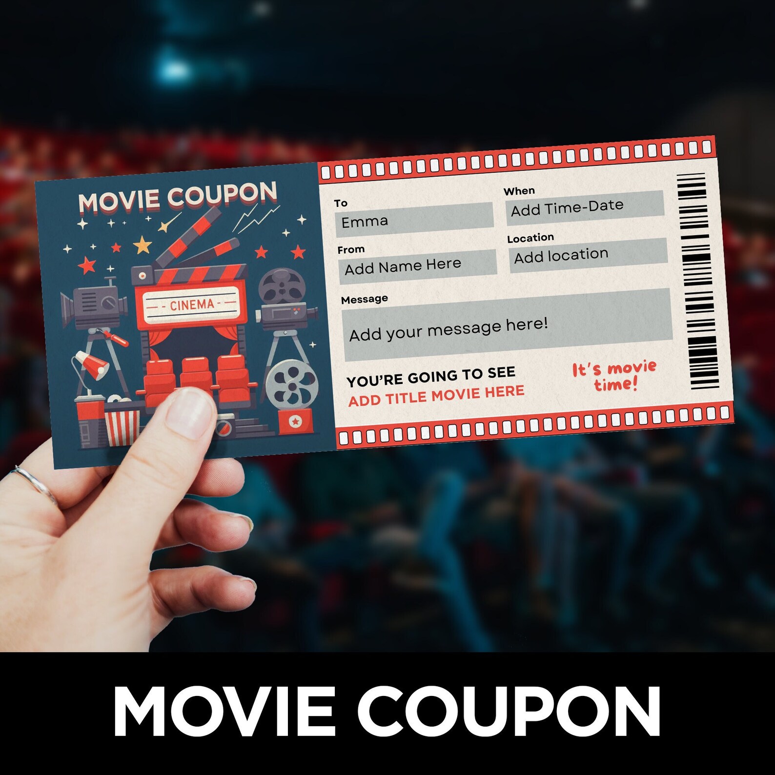 Movie Ticket Template, Printable Movie Coupon, Cinema Tickets, Movie ...