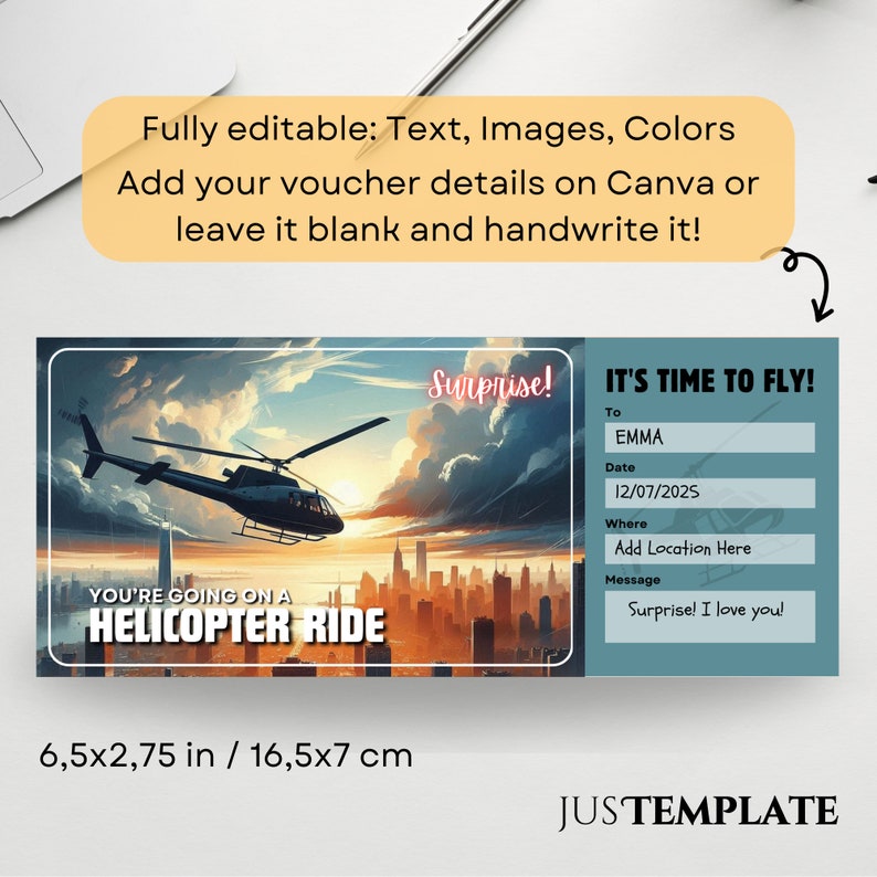 Helicopter Ride Ticket Template, Helicopter Tour Coupon, Adventure ...