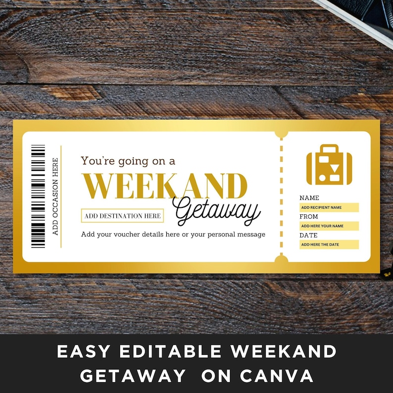 Weekend Getaway Ticket Template, Editable Travel Voucher, Romantic ...