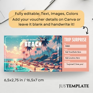 Surprise Beach Ticket, Summer Vacation Voucher Template, Beach Trip ...