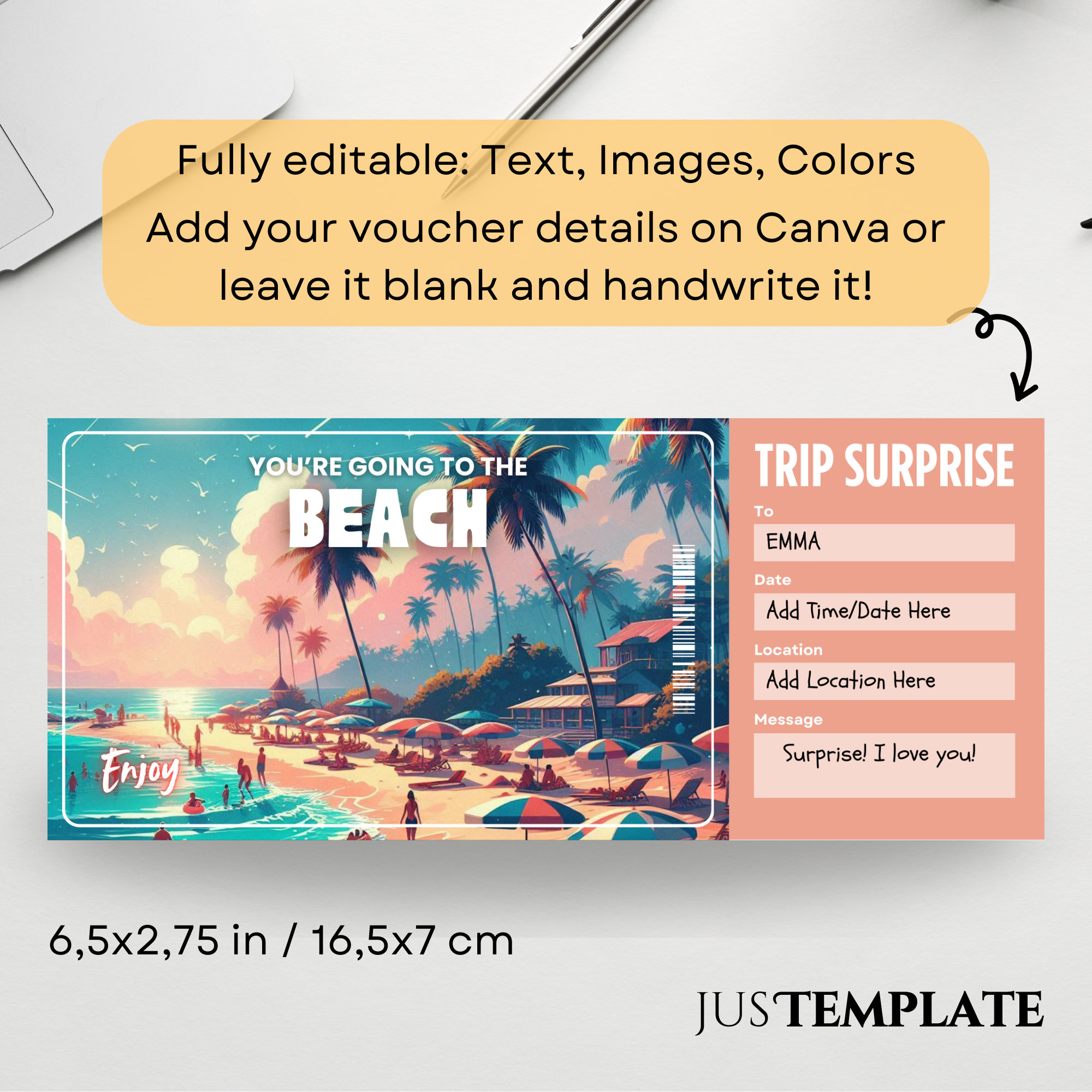 Surprise Beach Ticket, Summer Vacation Voucher Template, Beach Trip ...