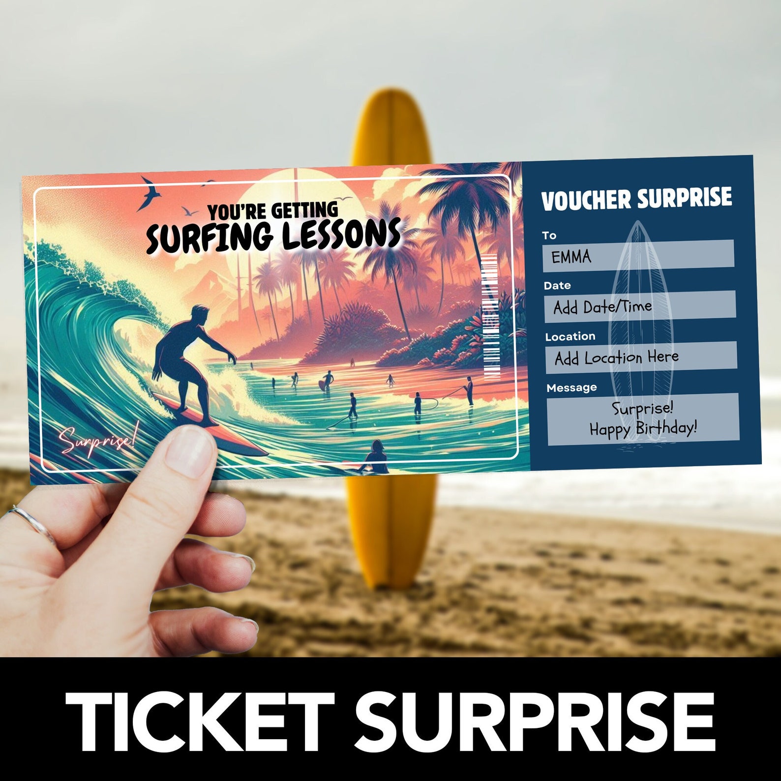 Surfing Ticket, Surfing Lesson Voucher Template, Printable Surfing ...