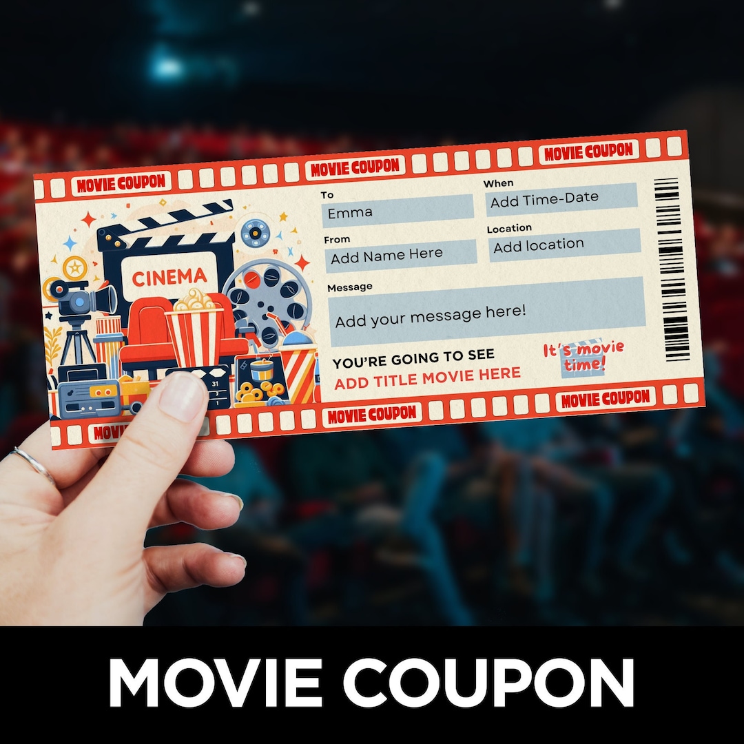 Movie Ticket Template, Printable Movie Coupon, Cinema Tickets, Movie ...