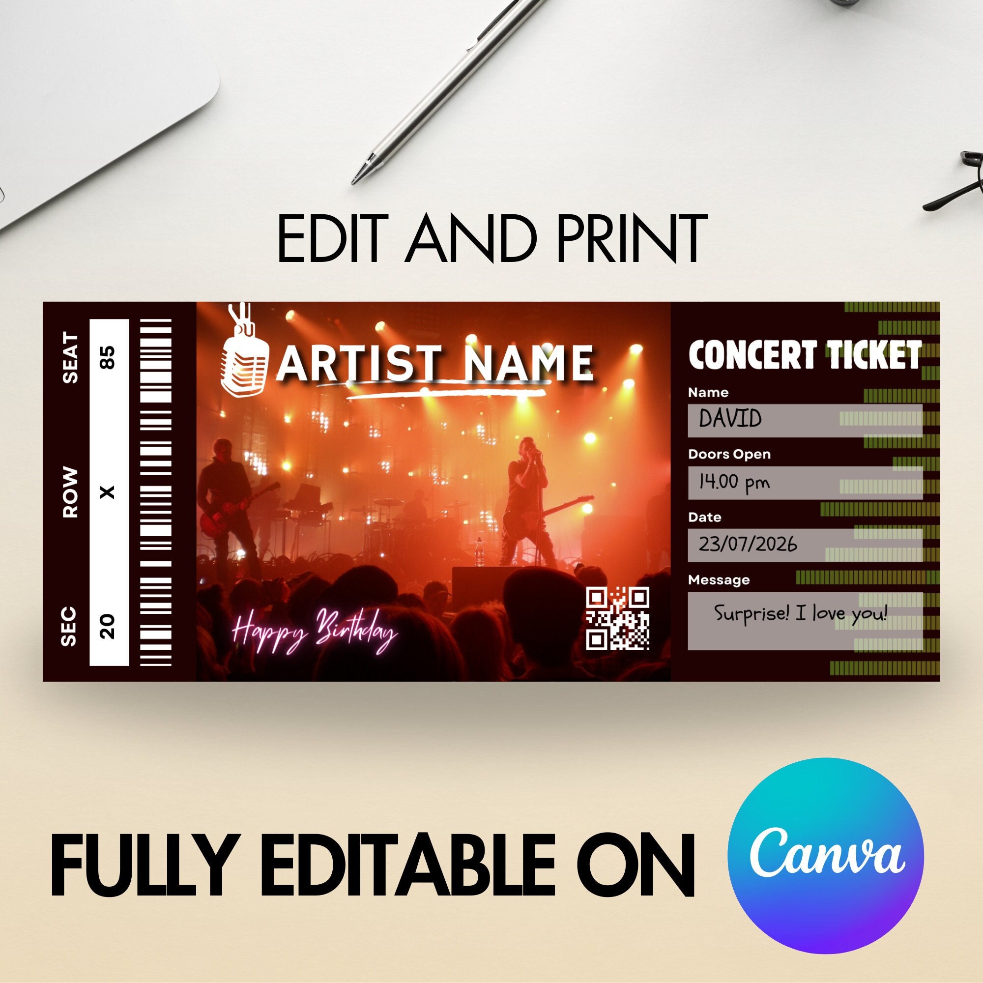 Editable Concert Ticket Template, Printable Live Concert Tickets, Event ...