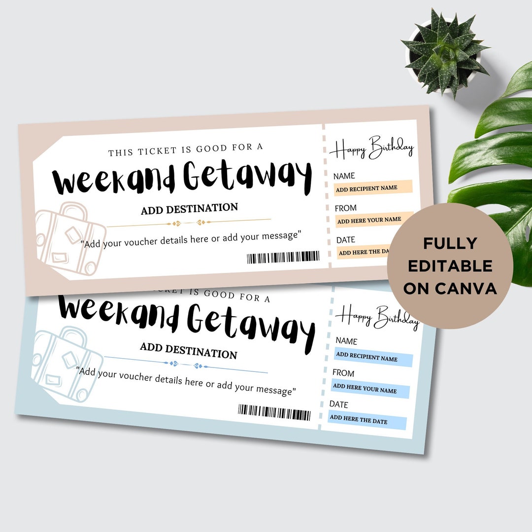Weekend Getaway Ticket Template, Editable Travel Voucher, Romantic ...