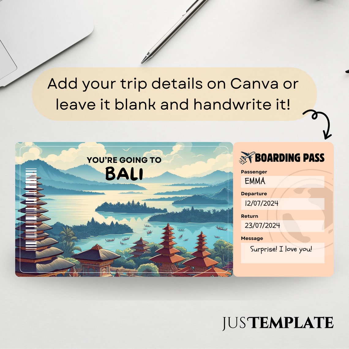 Bali Boarding Pass, Trip Surprise, Plane Ticket Template, Boarding Pass ...