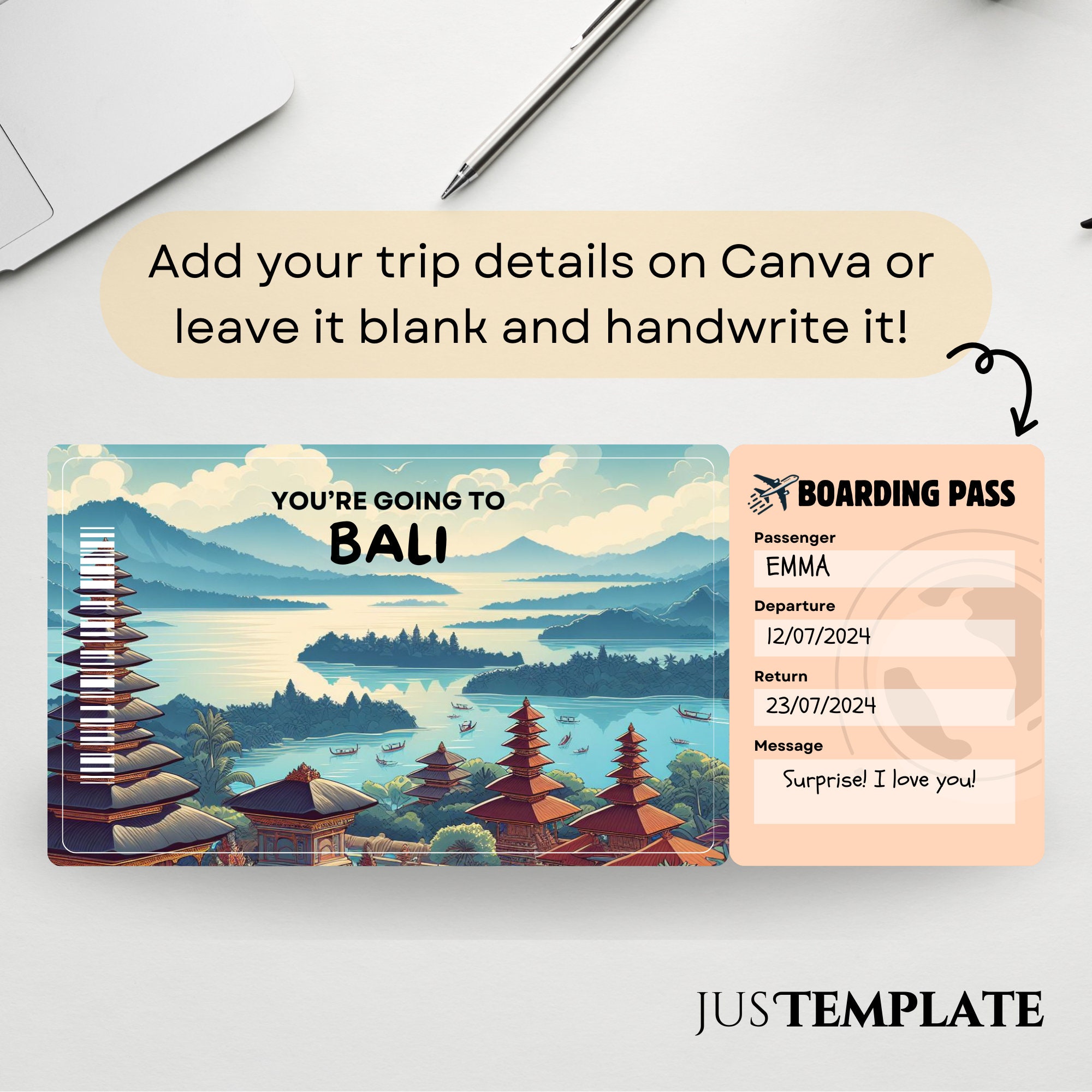 Bali Boarding Pass, Trip Surprise, Plane Ticket Template, Boarding Pass ...
