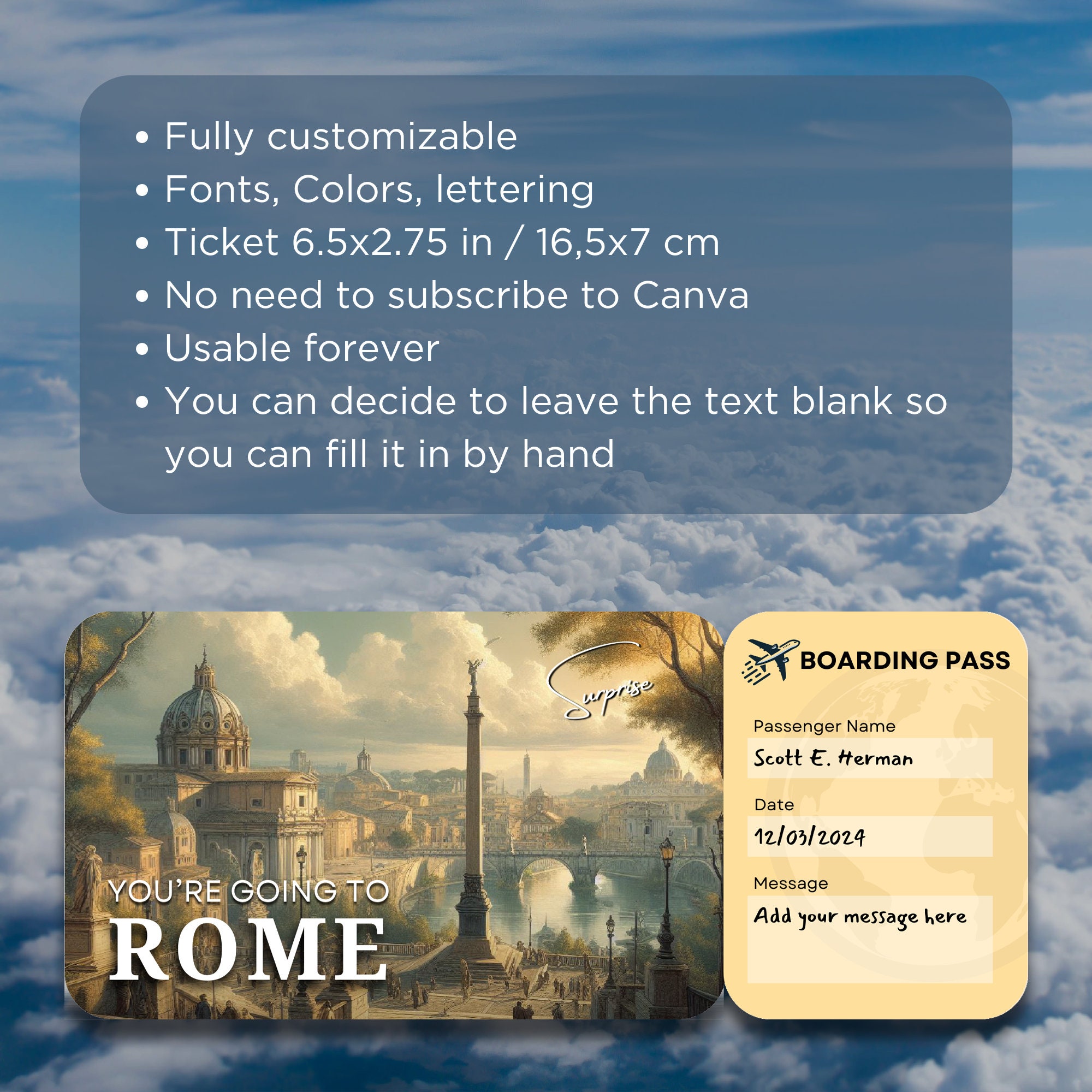 Rome Boarding Pass, Plane Ticket Template, Flight Boarding Pass ...