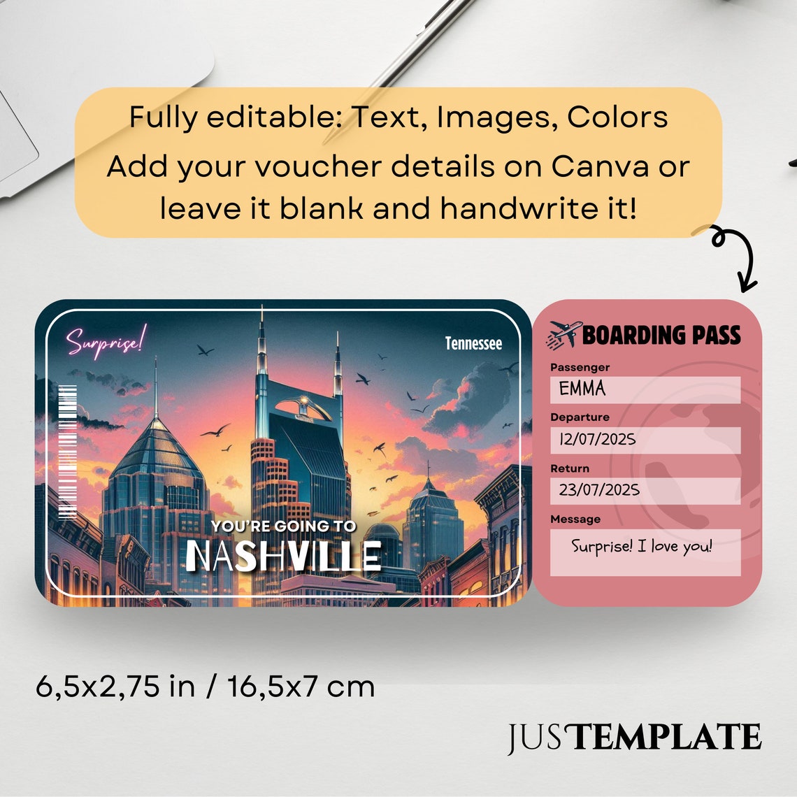 Nashville Boarding Pass, Trip Surprise, Plane Ticket Template, Boarding ...
