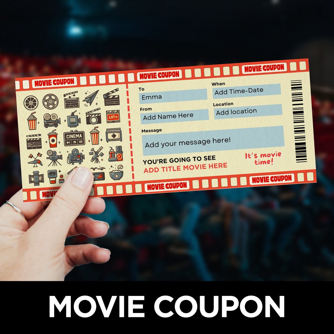 Movie Ticket Template, Printable Movie Coupon, Cinema Tickets, Movie ...