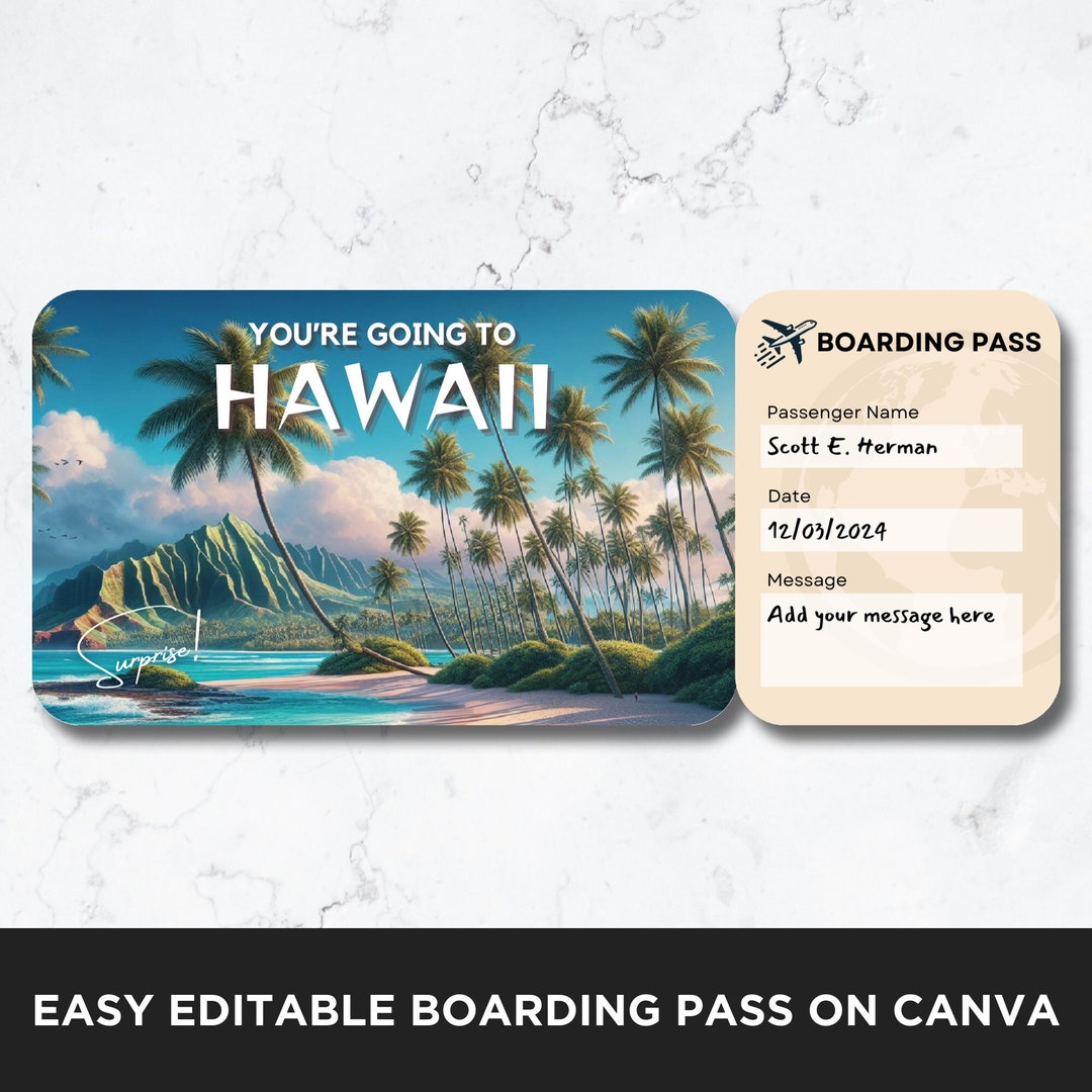 Hawaii Plane Ticket Template, Boarding Pass Ticket Template, Flight ...