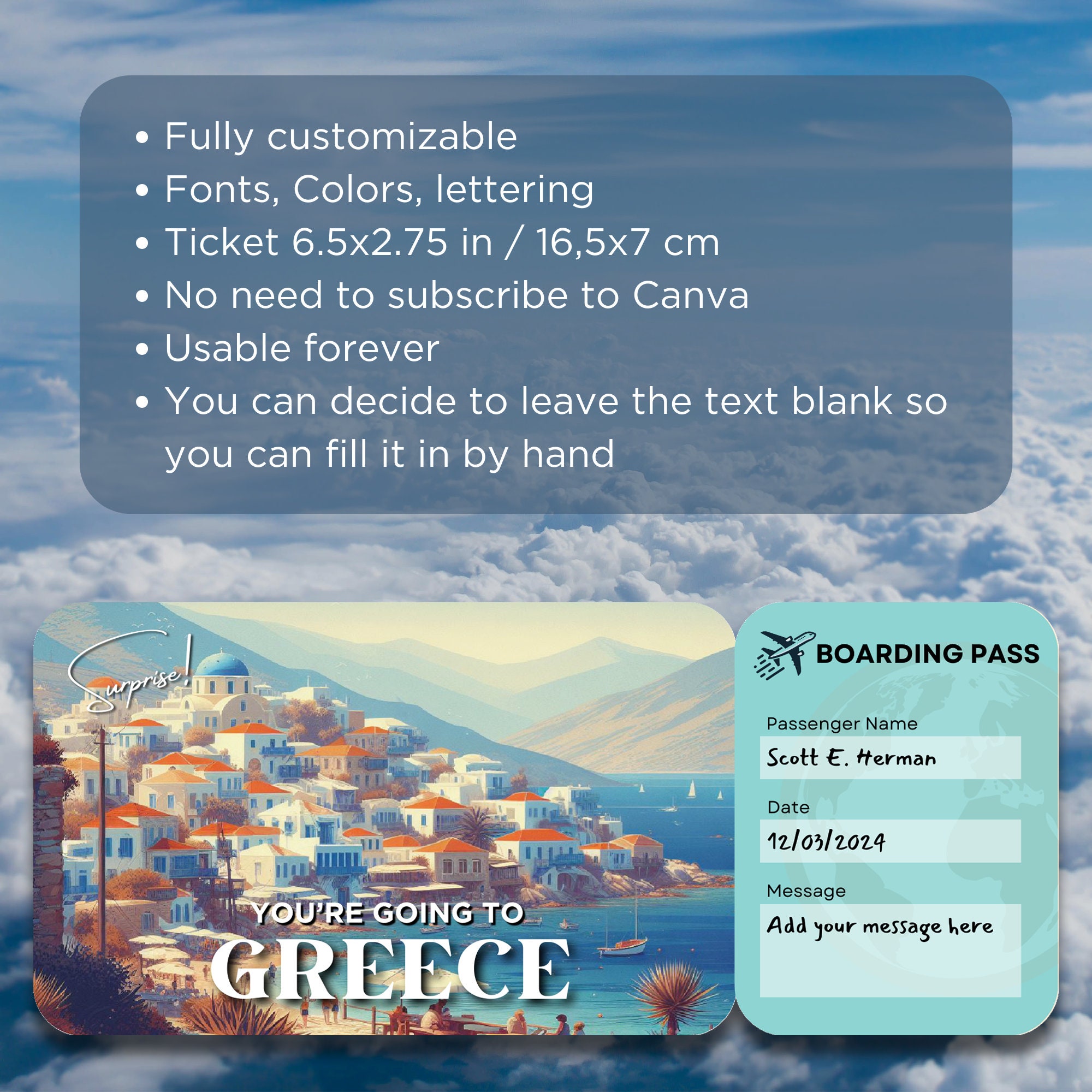 Greece Plane Ticket Template, Boarding Pass Ticket Template, Flight ...