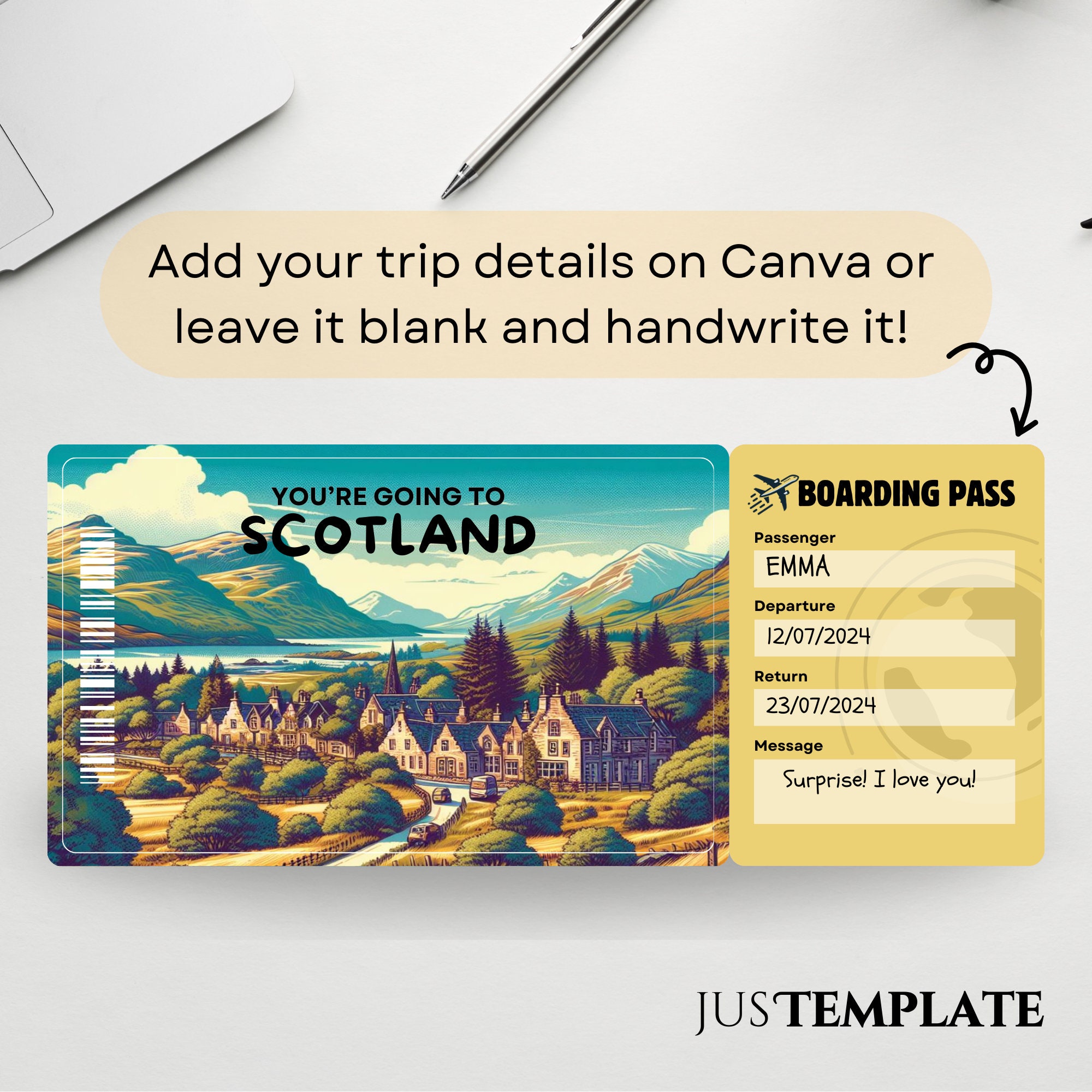 Scotland Boarding Pass, Trip Surprise, Plane Ticket Template, Boarding ...