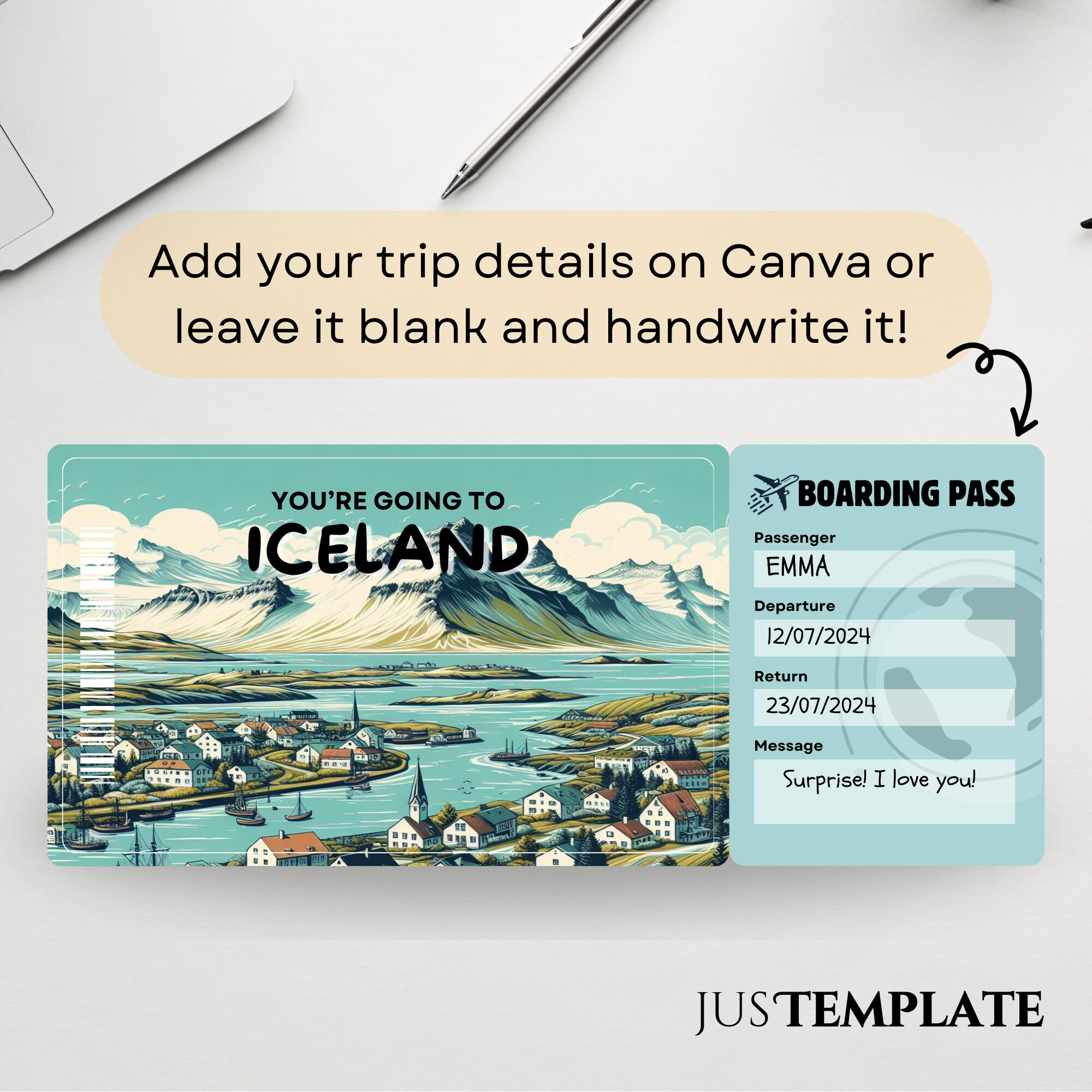 Iceland Airline Ticket, Plane Ticket Template, Trip Surprise Ticket ...