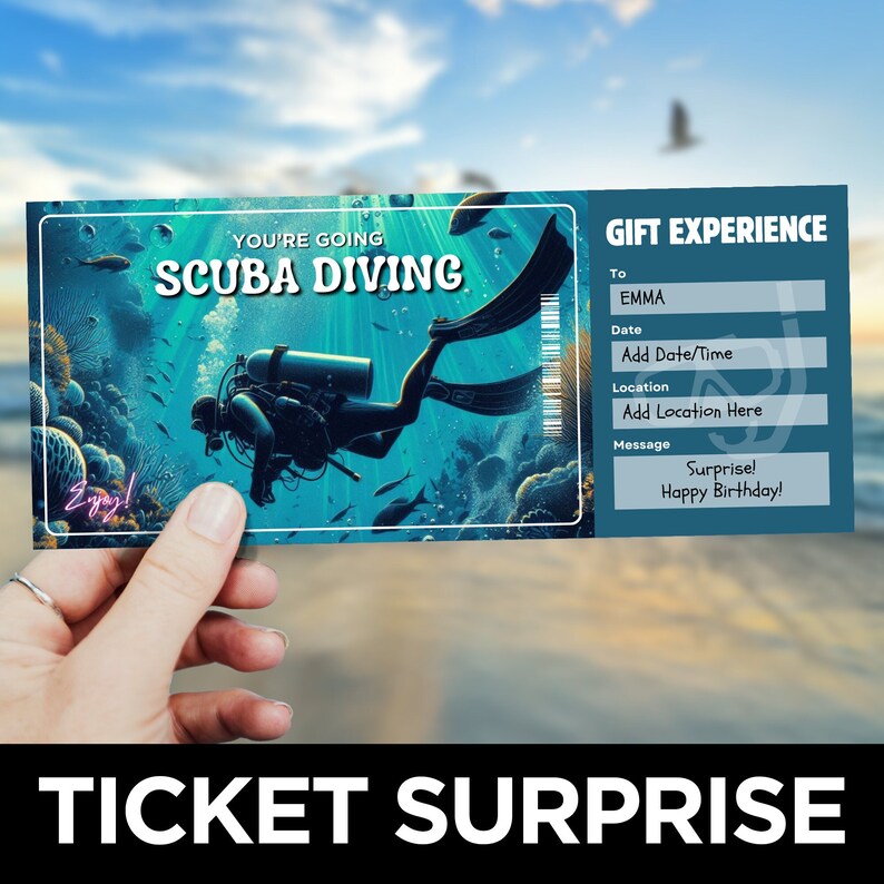Scuba Diving Ticket Template, Water Sport Voucher, Printable Deep Sea ...