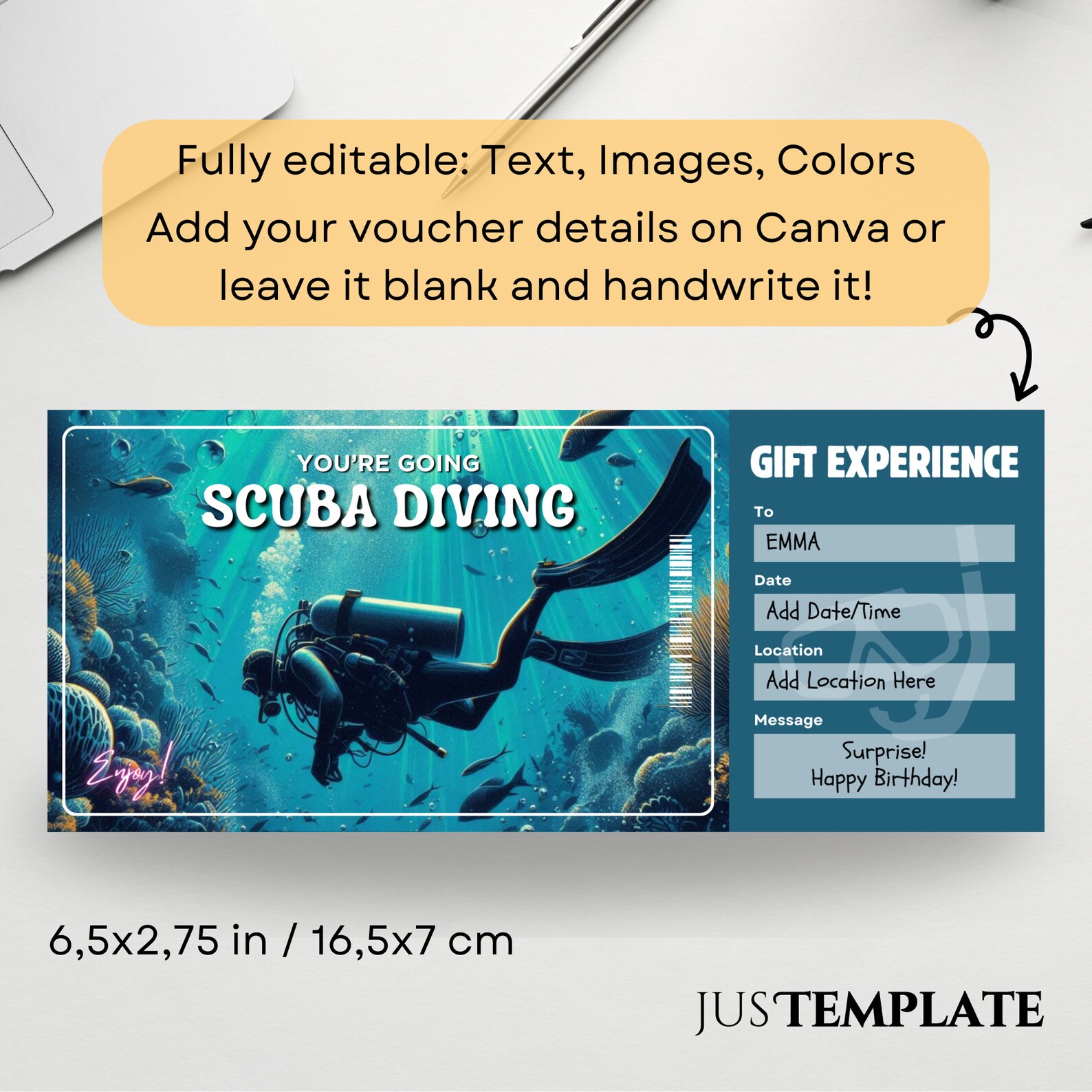 Scuba Diving Ticket Template, Water Sport Voucher, Printable Deep Sea ...